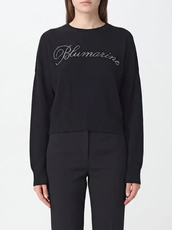 Blumarine Rhinestone Logo Wool Crewneck Jumper - Black