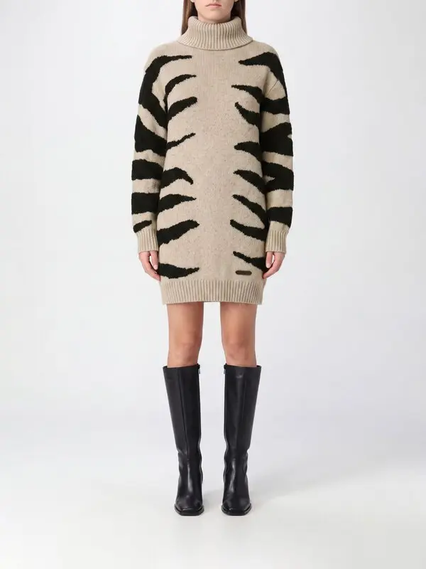 Moschino Tiger Print Turtleneck Sweater Dress - Ivory