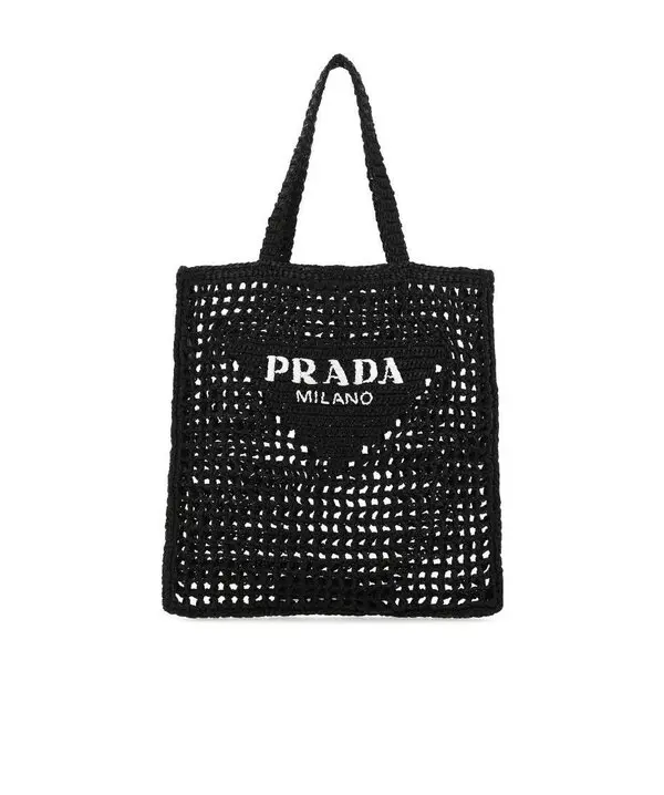 Prada Crocheted Tote Bag With Embroidered Logo - Black