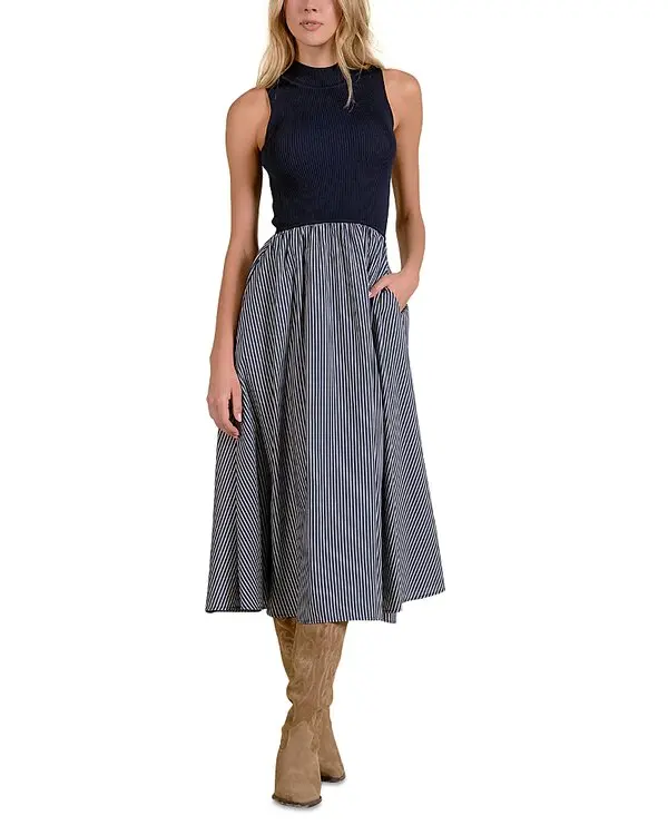 Elan Mock Neck Sleeveless Dress - Blue Stripe