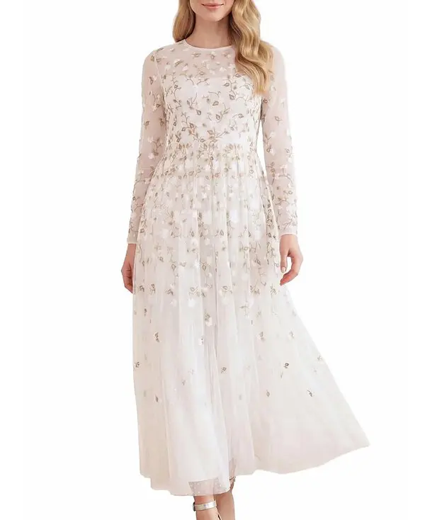 NEEDLE & THREAD Trailing Roses Long Sleeve Maxi Gown - Swan White/white
