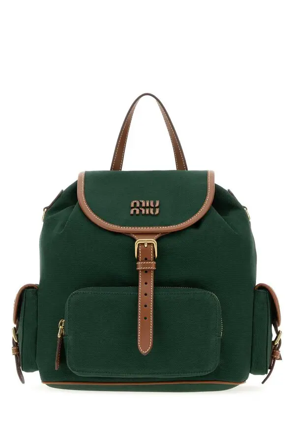 Miu Miu 25 X 31 X 15 Cm Mini Canvas Backpack With Calf Leather Details - Green
