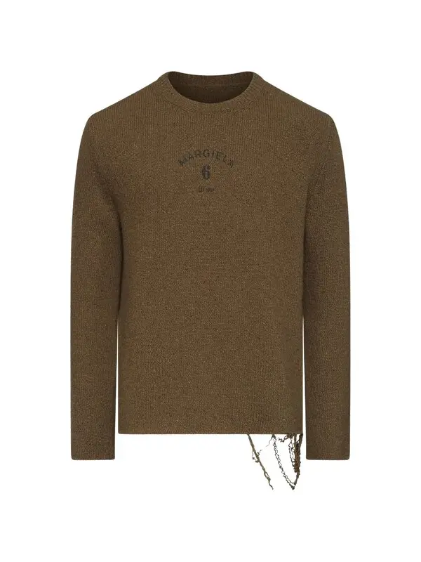MAISON MARGIELA Distressed Logo Crewneck Sweater - Kaki