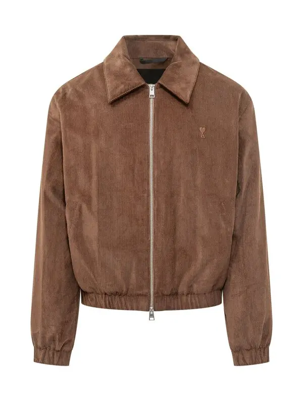 AMI Paris Zip-up Corduroy Jacket With Heart Detail - Marron Chocolate