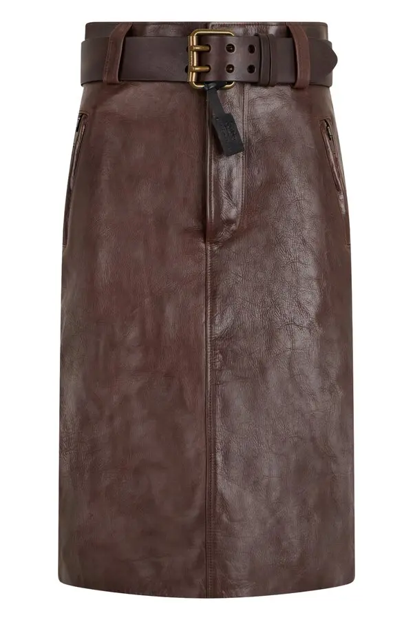 Saint Laurent Calfskin Leather Dress With Waist-defining Belt - Brown