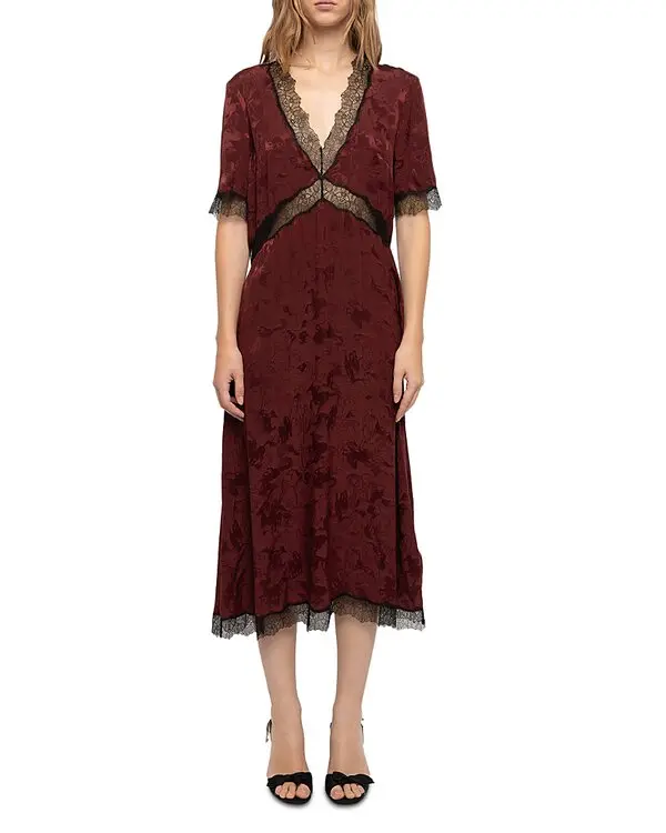 Zadig&Voltaire Redoxal Silk Lace Trim Midi Dress - Cherry