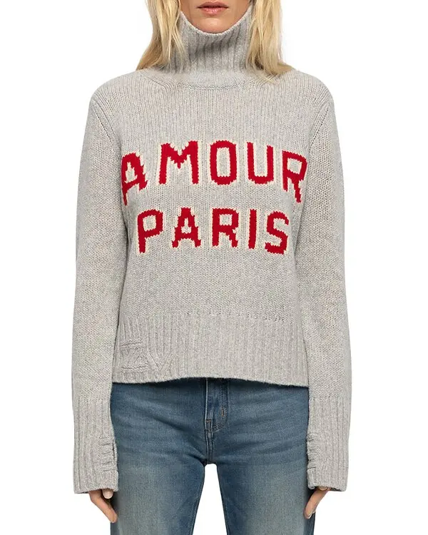 Zadig&Voltaire Nalma Wool Amour Paris Turtleneck Sweater - Gris Chine