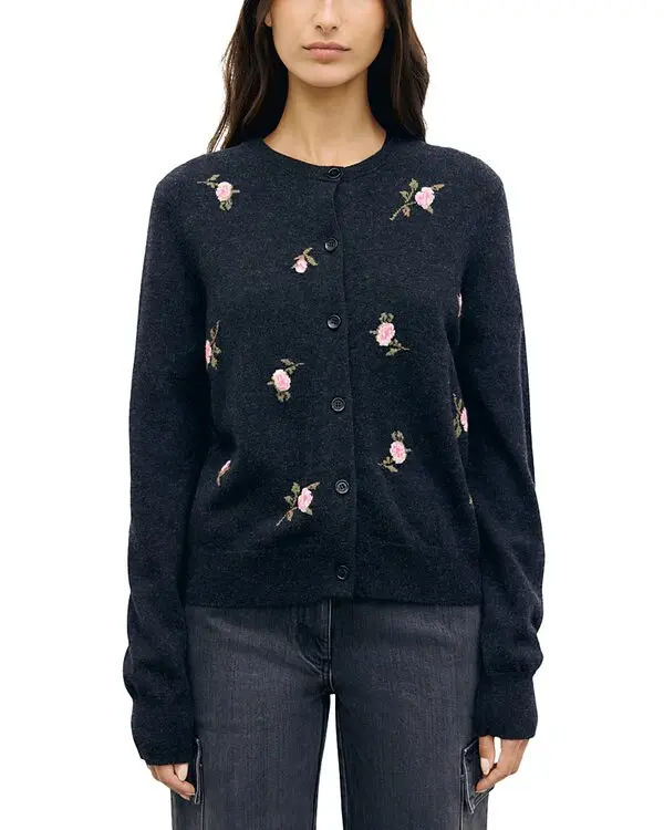 Gerard Darel Raymonde Wool Floral Intarsia Cardigan - Charcoal