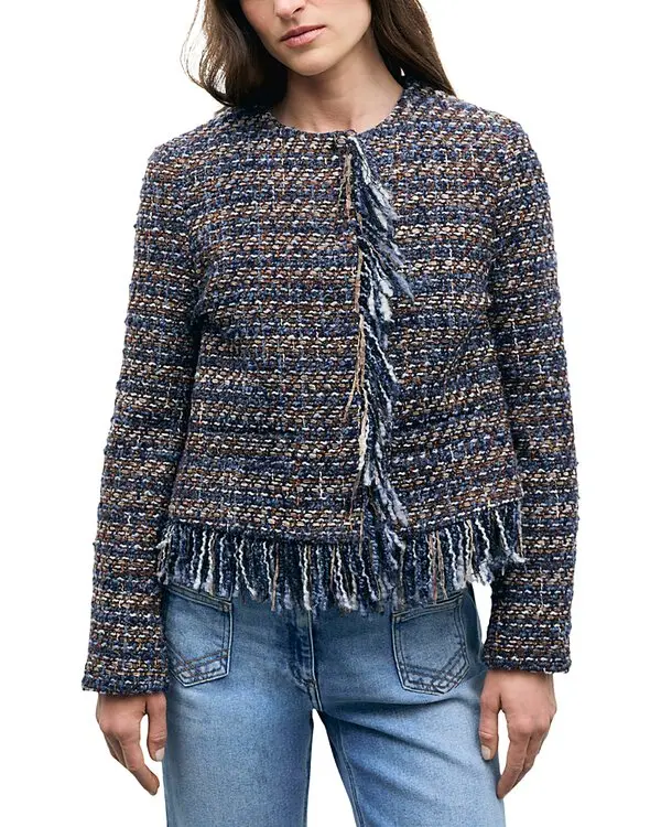 Gerard Darel Joya Fringe Trim Snap Front Jacket - Indigo