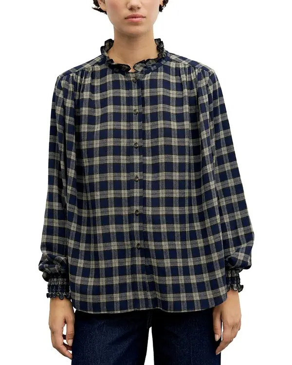 Gerard Darel Lotte Printed Ruffle Trim Blouse - Navy