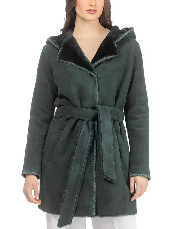Gorski Merino Shearling Lamb Parka With Embroidered Trim With Belt - Emerald