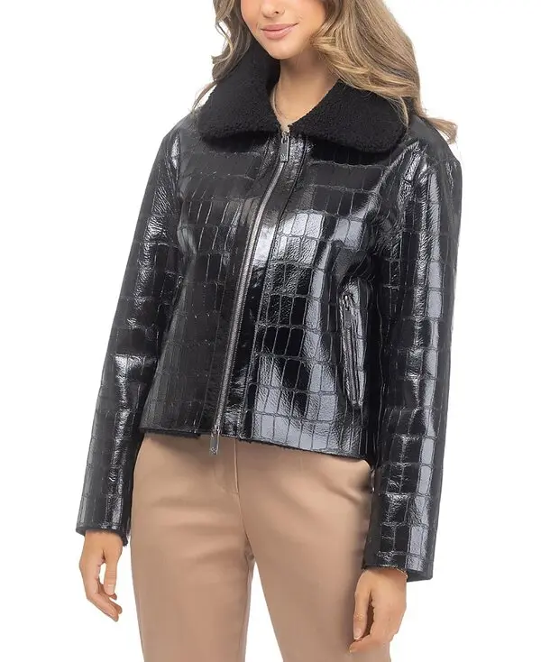 Gorski Shearling Lamb Croco Embossed Zip Jacket - Black