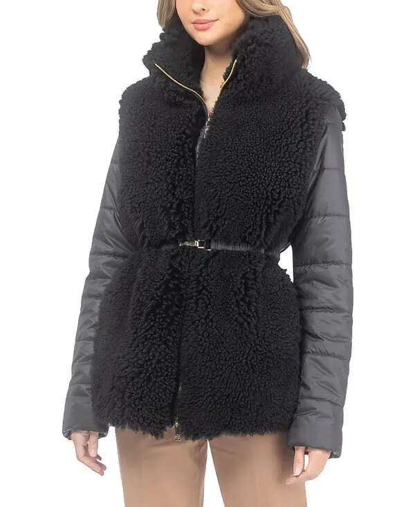Gorski Curly Shearling Lamb Jacket With Quilted Sleeves And Back With Belt - Black