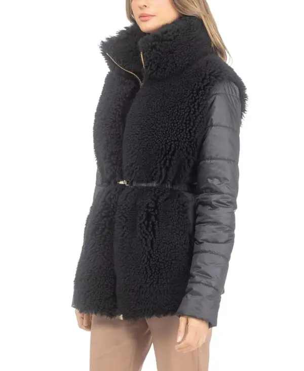 Gorski Curly Shearling Lamb Jacket With Quilted Sleeves And Back With Belt