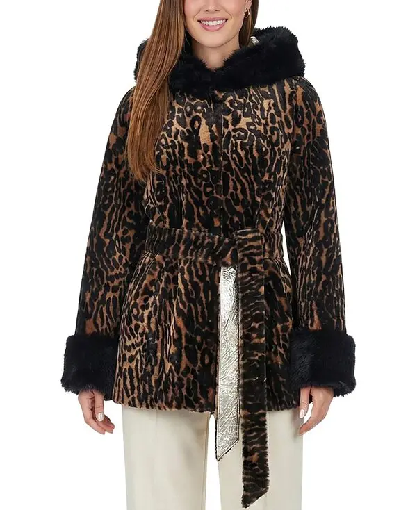 Gorski Reversible Shearling Lamb Jacket With Merinillo Shearling Lamb Hood Trim & Cuffs And Belt - Camel Lprd Print