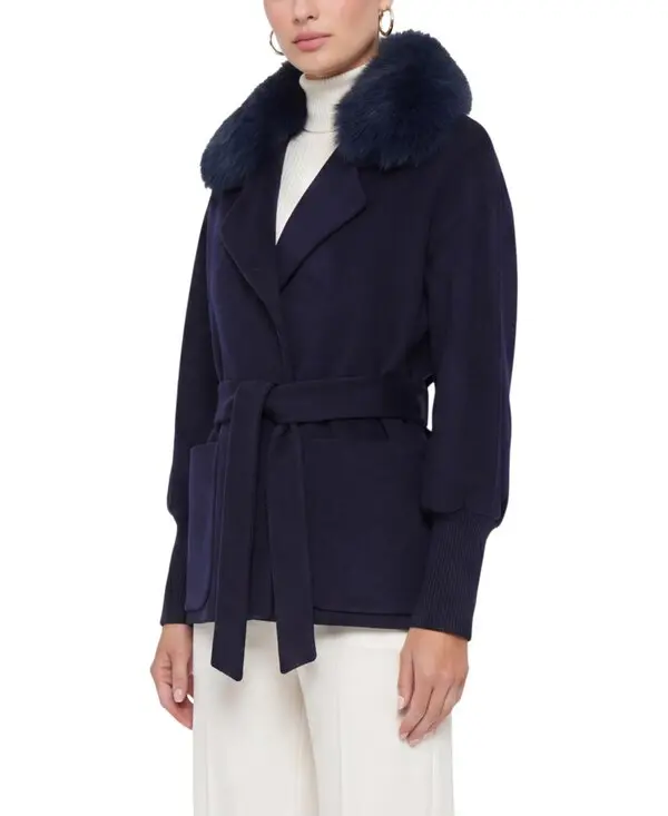 Gorski Fabric Jacket With Detachable Shearling Lamb Collar, Belt - Navy