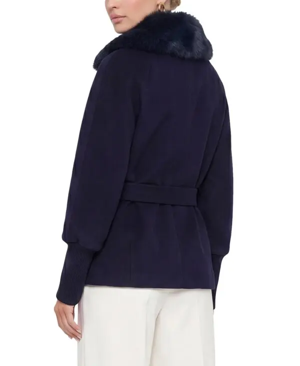 Gorski Fabric Jacket With Detachable Shearling Lamb Collar, Belt - Navy
