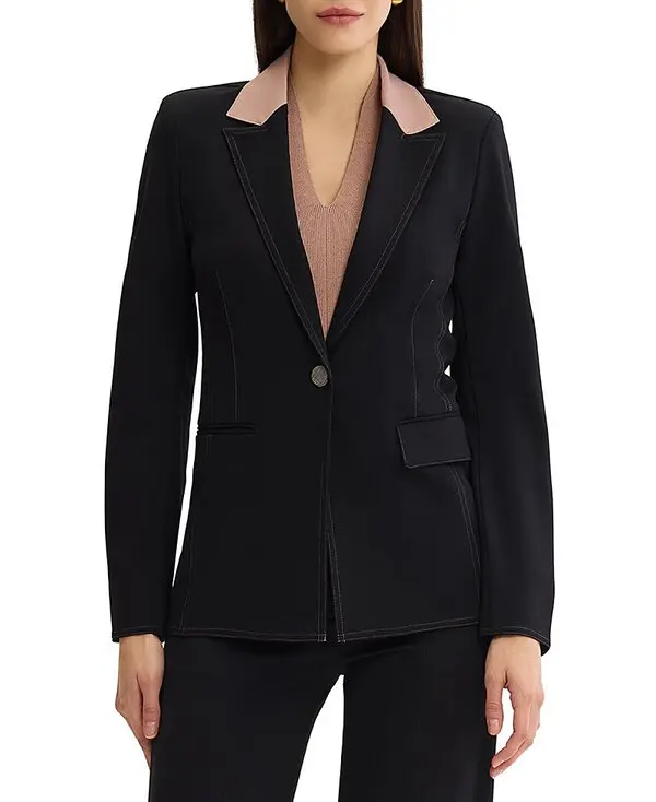 Misook Tailored Luxestretch Contrast Stitch Blazer - Black/charmeuse