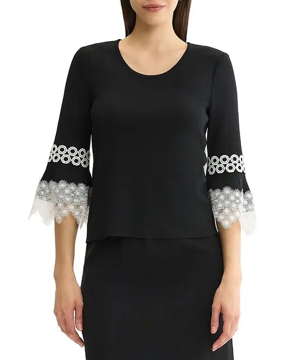Misook Lace Applique Soft Knit Top - Black/white