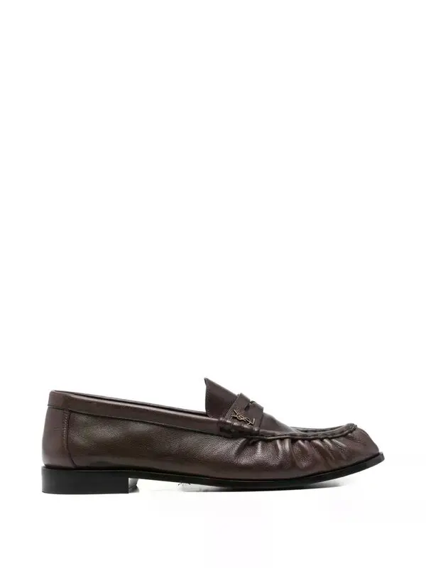 Saint Laurent Leather Loafers With Plaque - Brown