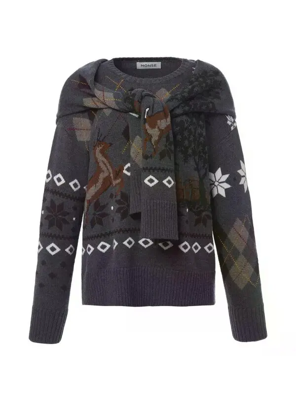 Monse Fair Isle Intarsia Sweater With Scarf Detail - Grey
