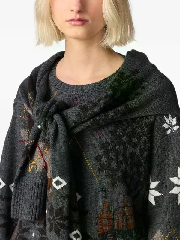 Monse Fair Isle Intarsia Sweater With Scarf Detail - Grey