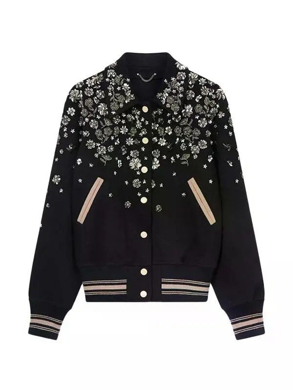 GOLDEN GOOSE Floral Embellished Logo Patch Bomber Jacket - Black