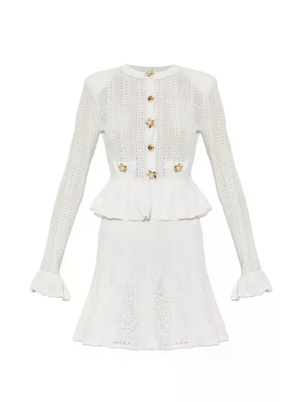 SELF-PORTRAIT Peplum Pointelle-knit Dress - White