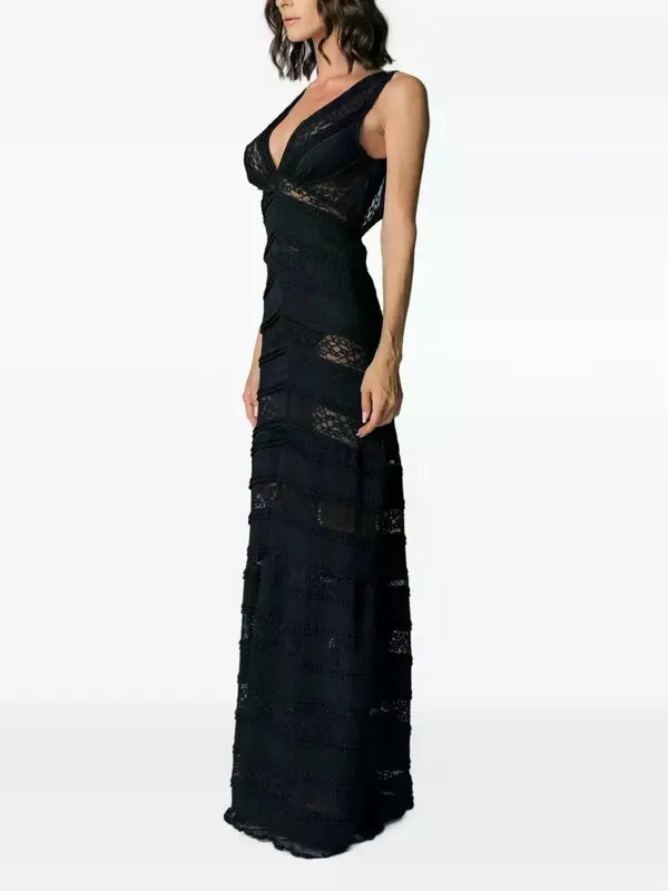 MIAU BY CLARA ROTESCU Lace Paneled Tiered Maxi Dress - Black