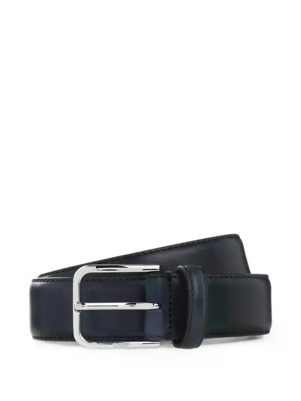 BOSS Leather Business Belt With Polished Silver Buckle - Blue