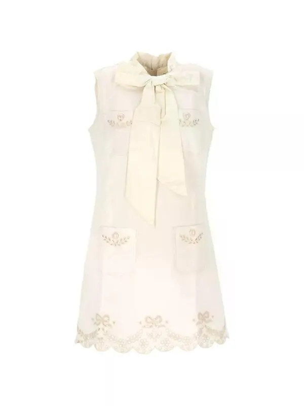 SELF-PORTRAIT Bow-detail Broderie-anglaise Mini Dress - Neutrals