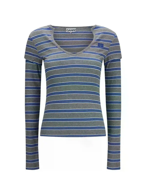 GANNI Striped Ribbed T-shirt - Grey