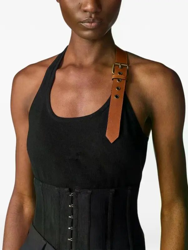 Monse Ribbed Knit Halterneck Top With Leather Strap Detail