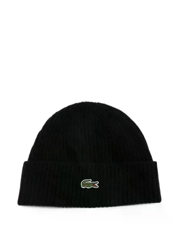 Lacoste Ribbed-knit Logo-patch Beanie Hat - Black