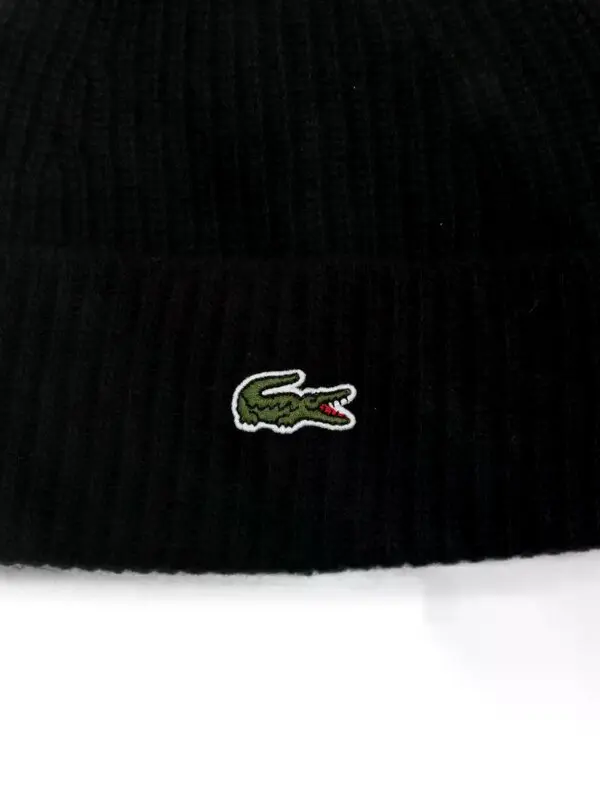 Lacoste Ribbed Knit Beanie Hat With Logo Patch - Black