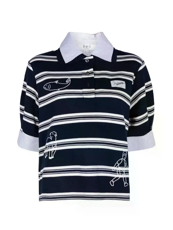 Sea Mina Striped Polo Shirt With Graphic Embroidery - Blue