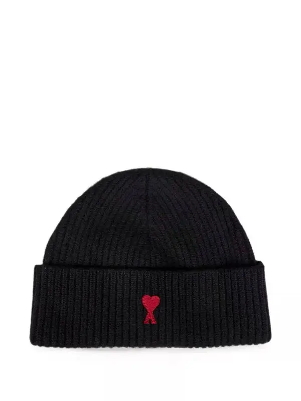 AMI Paris Wool Beanie With De Coeur - Black