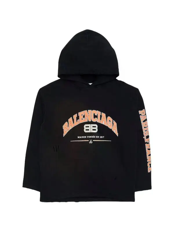 Balenciaga Maison Logo Distressed Hoodie - Black