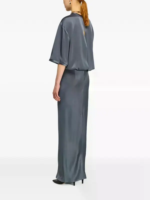 SEMICOUTURE Satin-finish Short-sleeve Maxi Dress - Blue