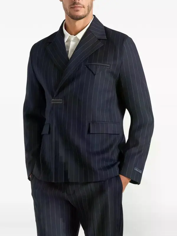 Manière De Voir Gaston In Navy Double Breasted Clasp Detail Wool-blend Pinstripe Suit Blazer - Blue