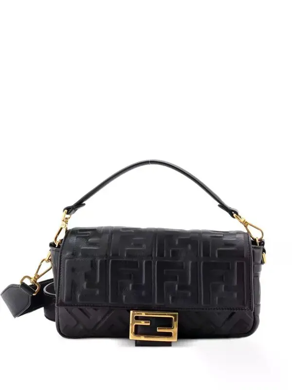 Fendi Baguette Nm Bag Zucca Embossed Leather Medium Crossbody Bag - Black