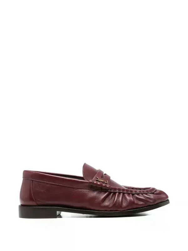 Saint Laurent Burgundy Leather Logo Plaque Pleated Loafers