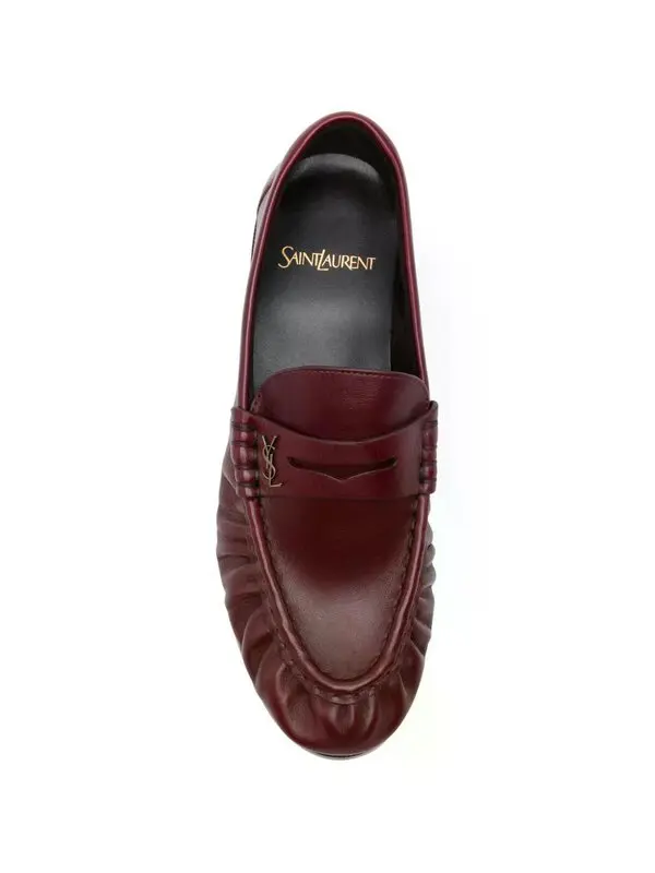 Saint Laurent Burgundy Leather Logo Plaque Pleated Loafers