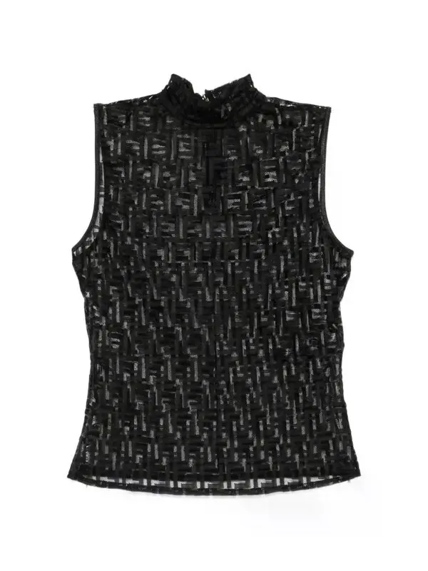 Fendi Ff Logo Lace High Neck Sleeveless Top - Black