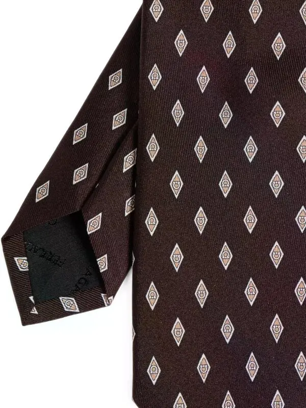 FERRAGAMO Micro Gancini Print Silk Tie - Brown