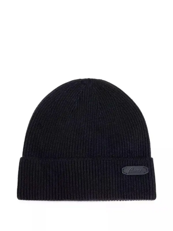 Brioni Logo-patch Ribbed-knit Beanie Hat - Black