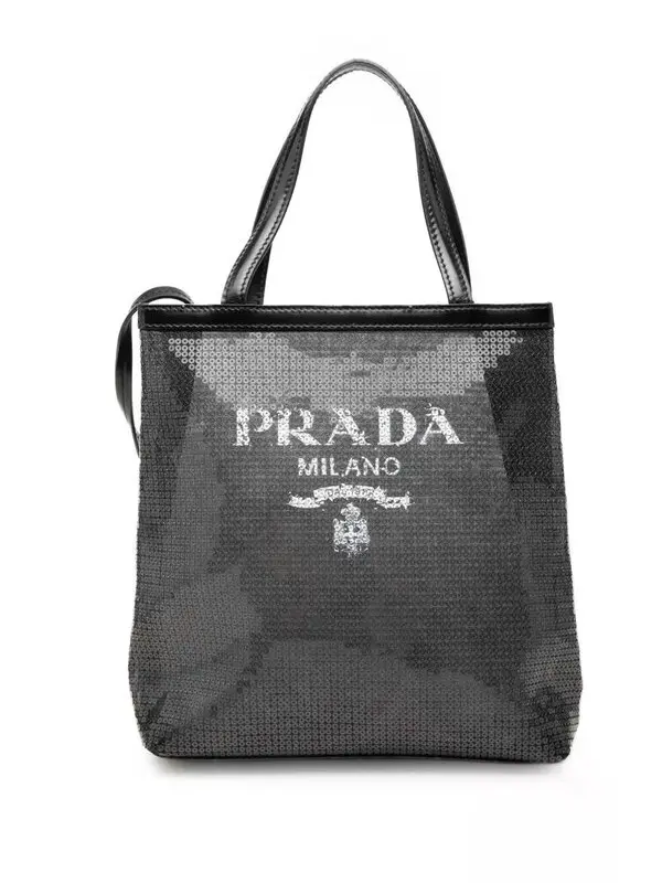 Prada 2000-2013 Small Sequined Mesh Logo Open Tote Bag - Black