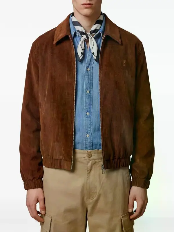 AMI Paris Corduroy Cotton Padded Jacket With De Coeur - Brown