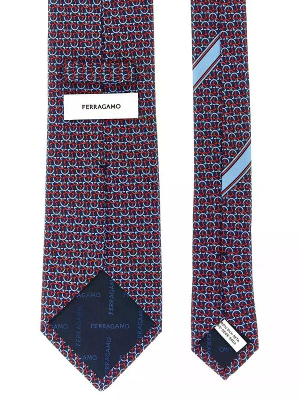 FERRAGAMO Gancini Links Print Silk Tie - Blue