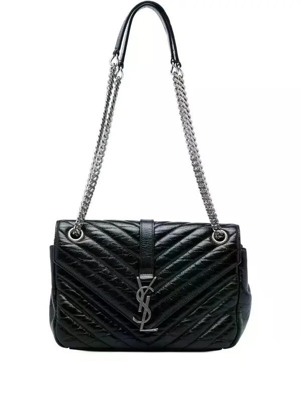 Saint Laurent 2015 Medium Chevron Metallic Crinkled Calfskin Punk Chain Bag Shoulder Bag - Black